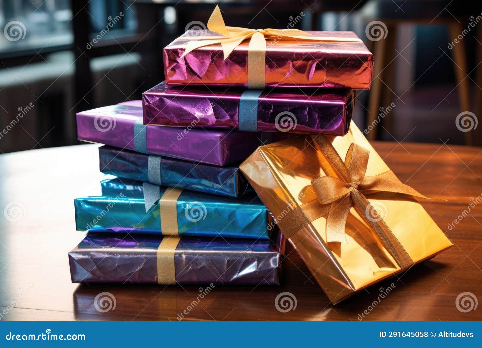 Stack of Holiday Gift Boxes Wrapped in Shiny Paper Stock Photo - Image ...