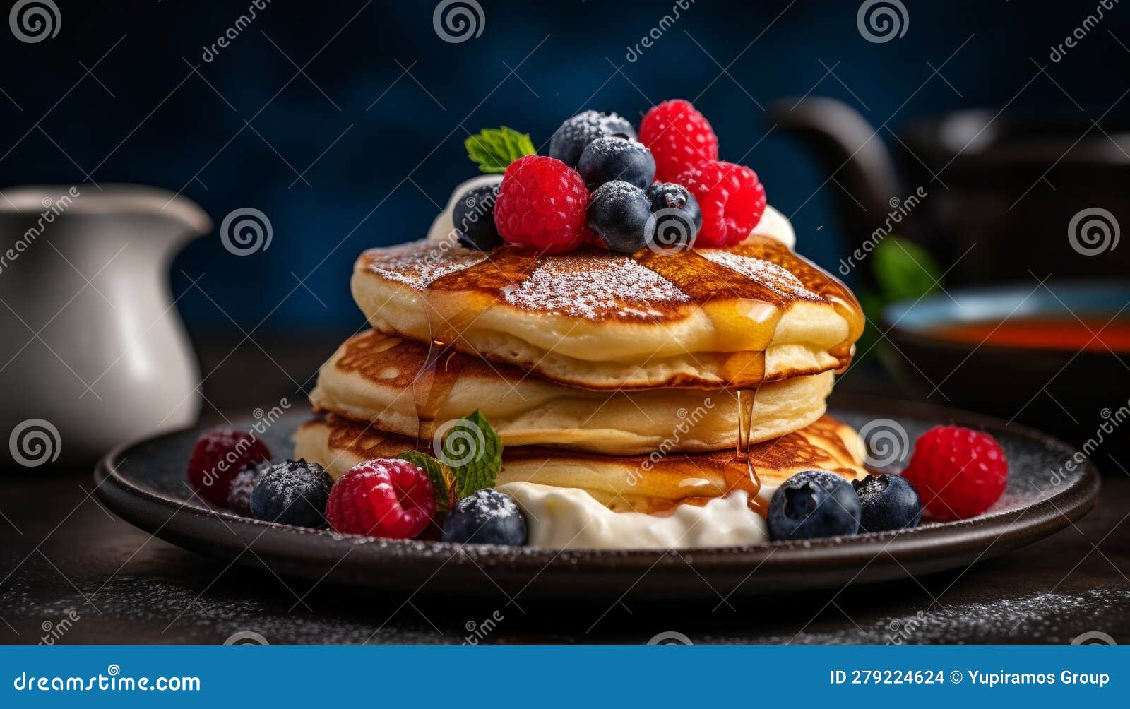 A Stack of Homemade Blueberry Pancakes with Raspberry Syrup Drizzle ...