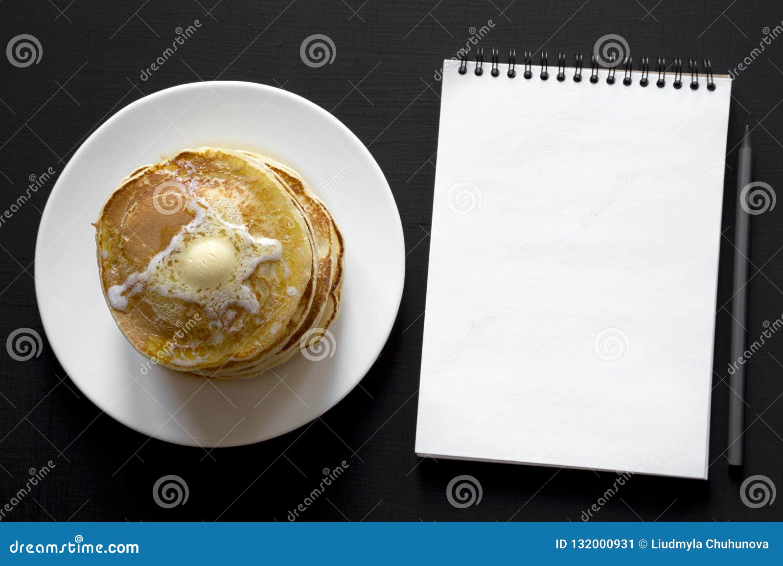Stack of Homemade Pancakes with Butter on White Plate, Blank Notepad ...