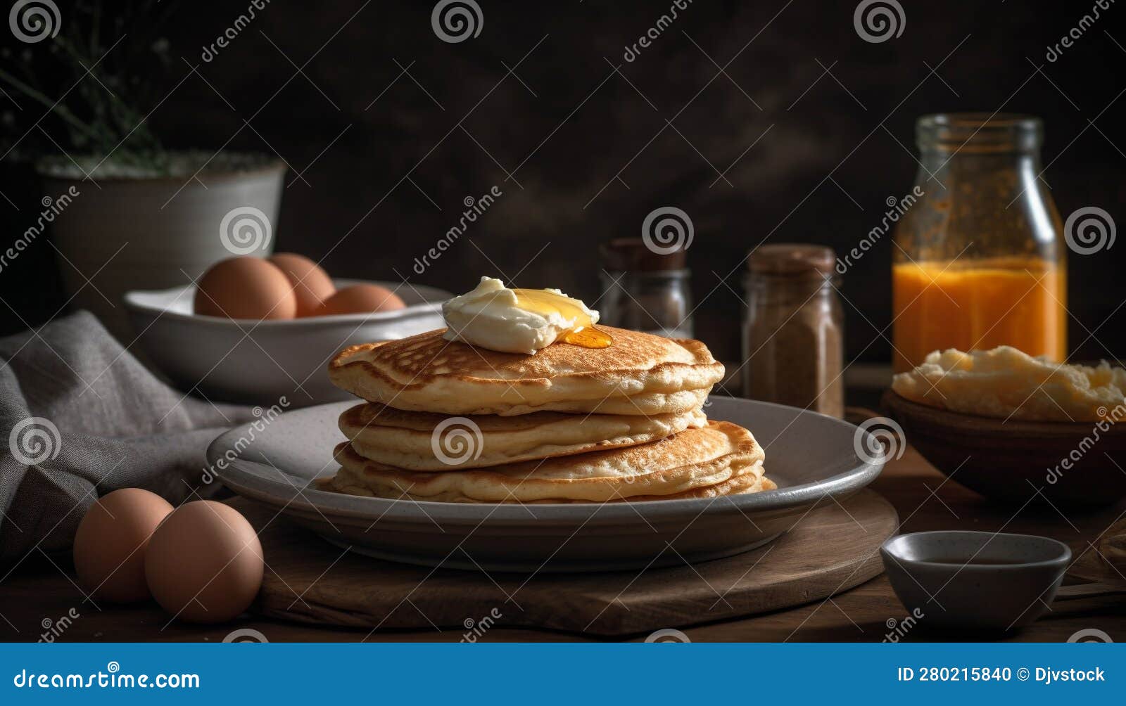 Stack of Homemade Pancakes on Wooden Table with Syrup Drizzle Generated ...