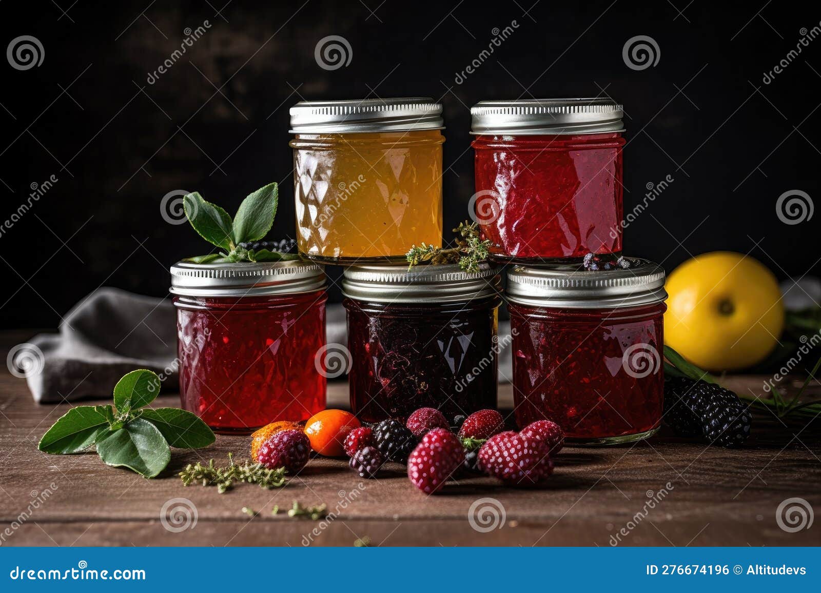 Stack of Homemade Preserves with Different Flavors and Colors Stock ...