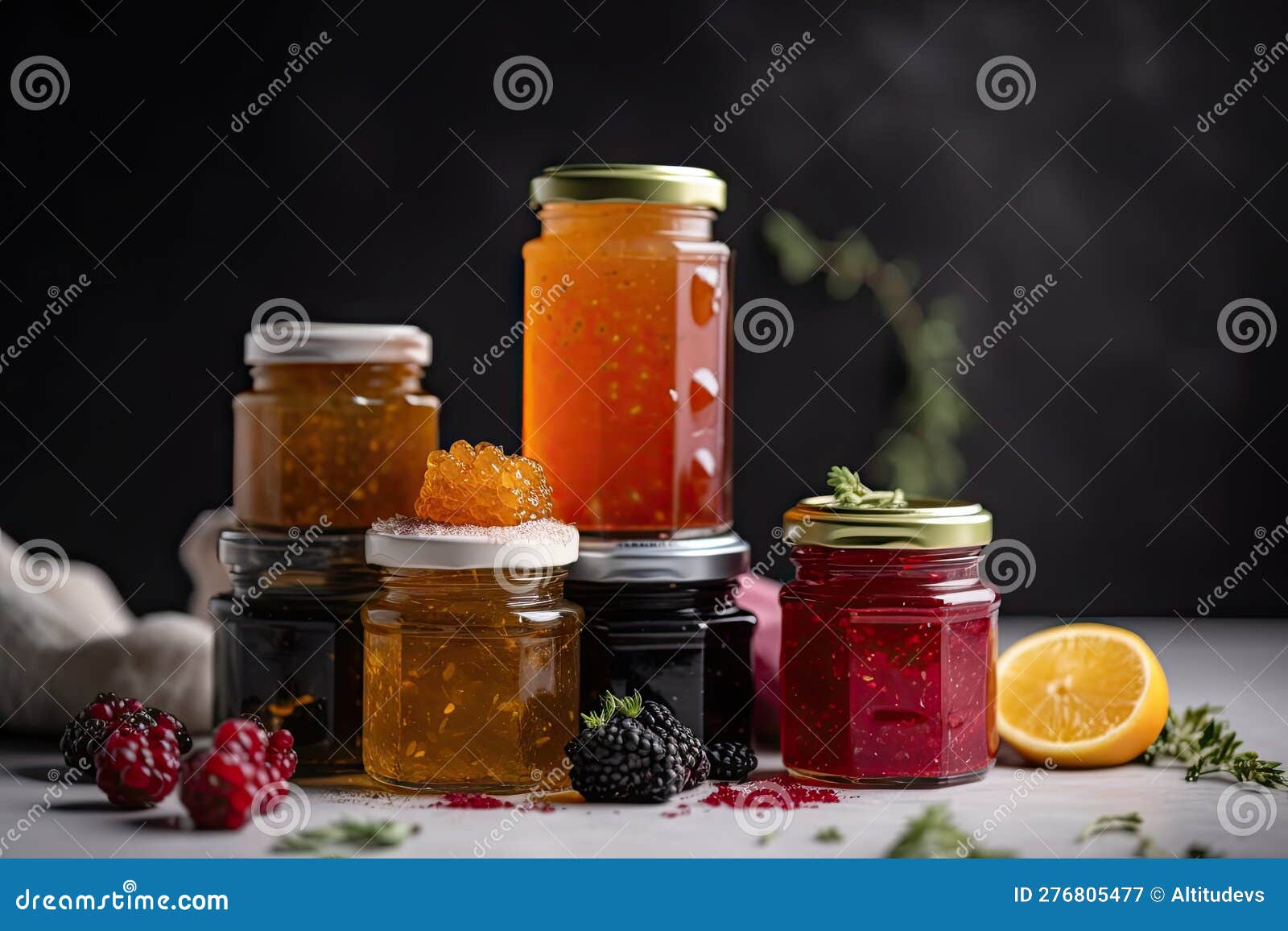 Stack of Homemade Preserves with Different Flavors and Colors Stock ...
