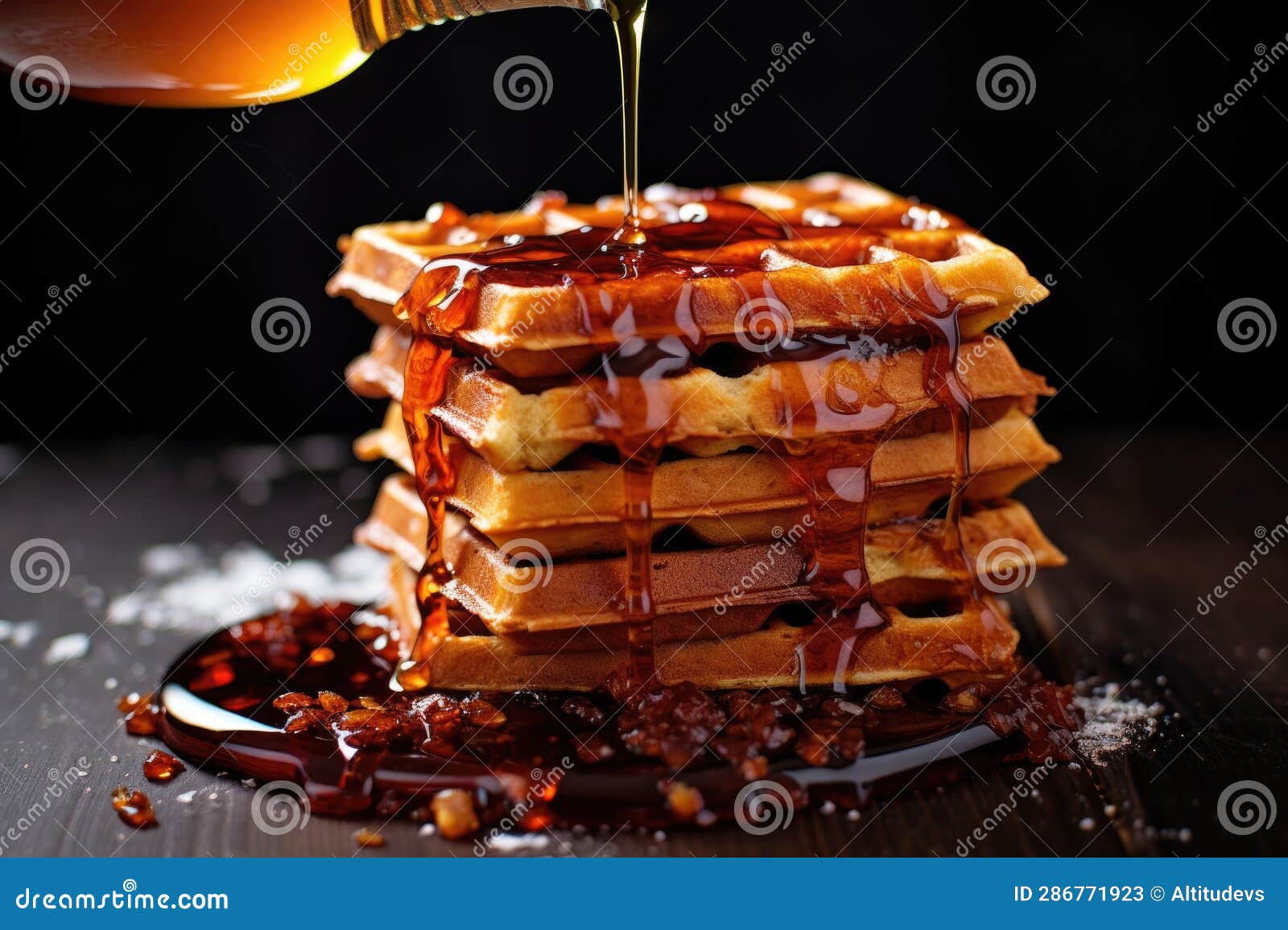 Stack of Homemade Waffles with Syrup Drizzling Stock Image - Image of ...