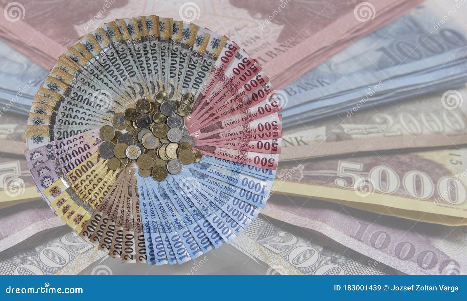 Stack of Hungarian Money Forints Coins, in the Background Banknotes of ...