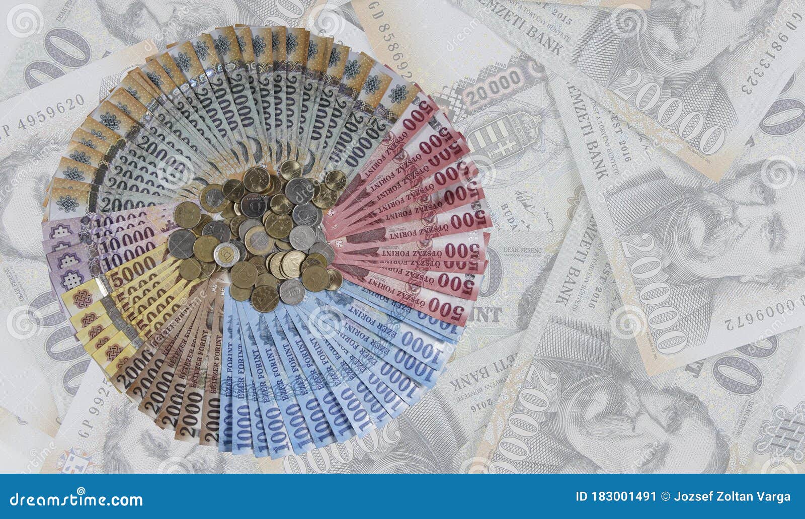 Stack of Hungarian Money Forints Coins, in the Background Banknotes of ...