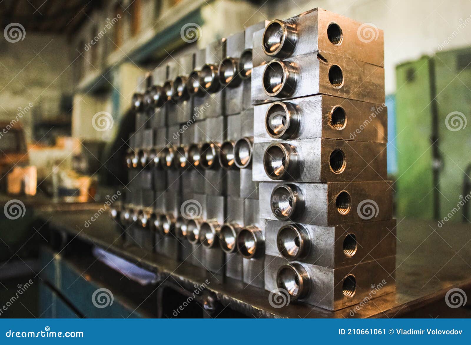 A Stack of Hydraulic Valves in the Production Shop. Selective Focus ...