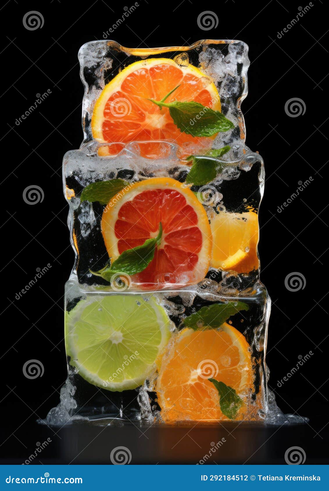 Stack of Ice Cubes with Different Fruits, Mint and Berries Frozen ...