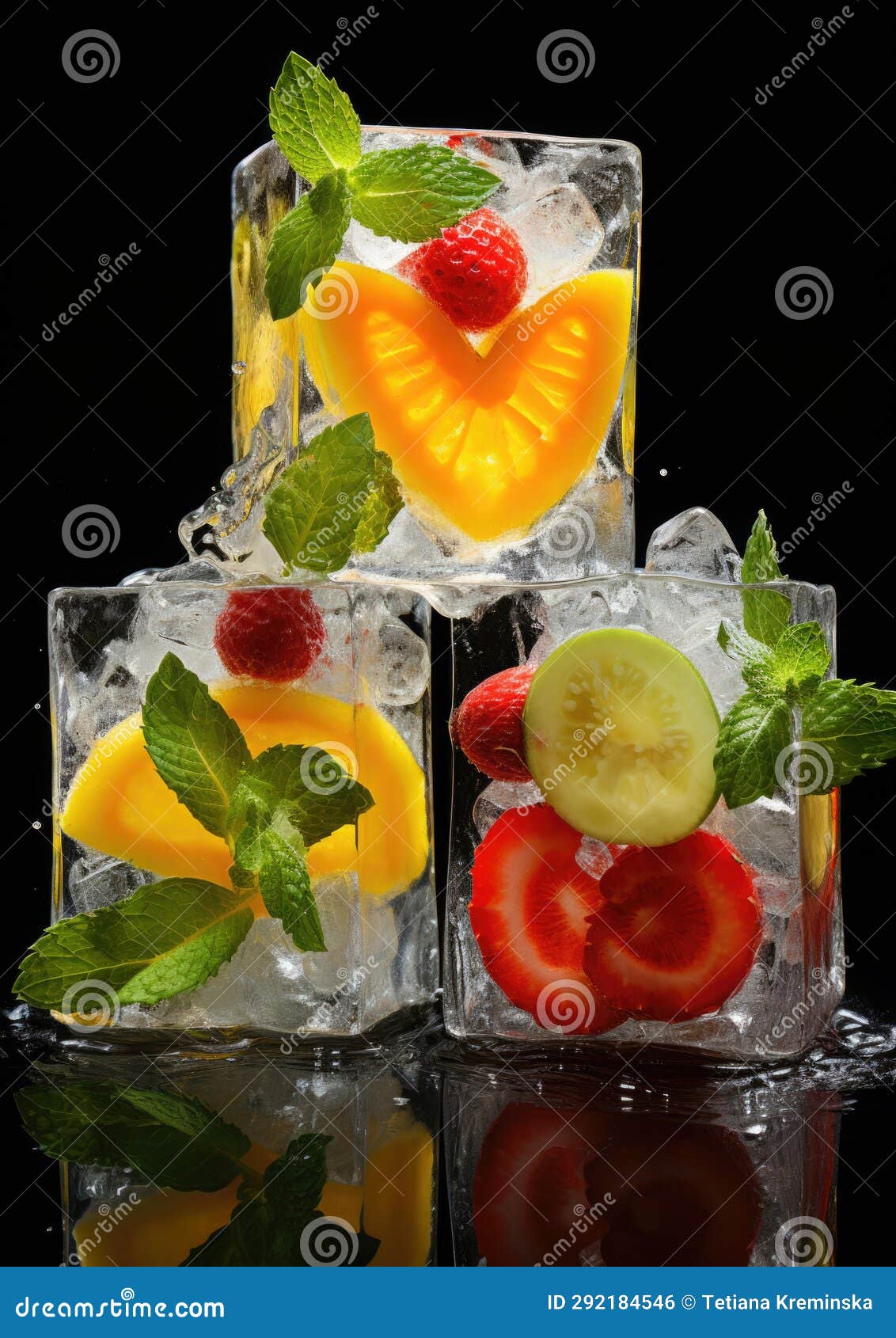 Stack of Ice Cubes with Different Fruits, Mint and Berries Frozen ...