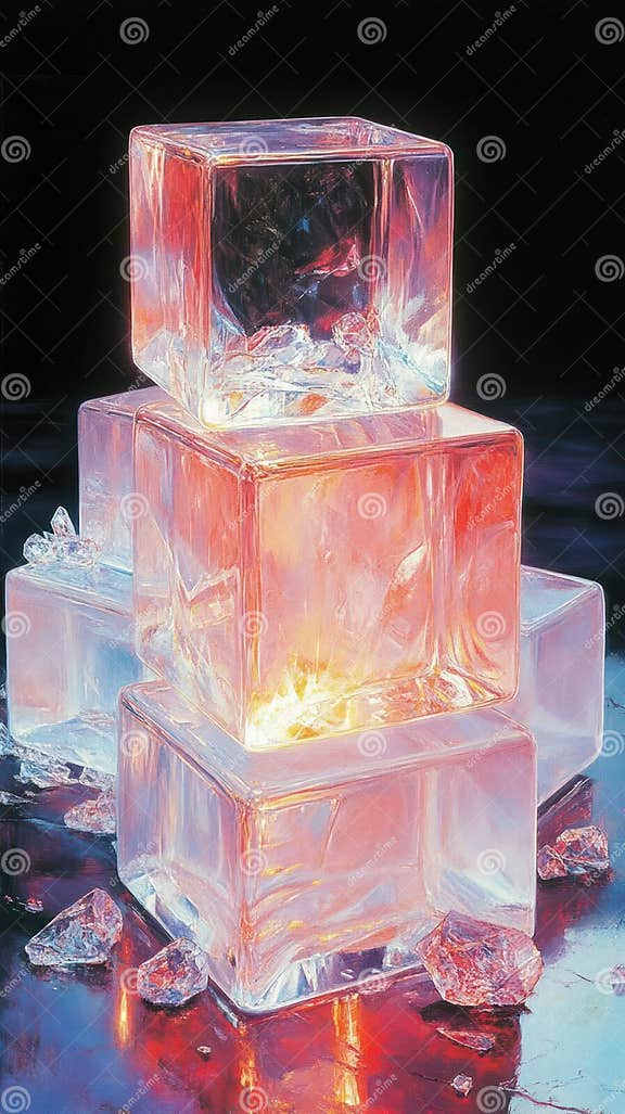 A Stack of Ice Cubes Illuminated from within, Surrounded by Smaller Ice ...