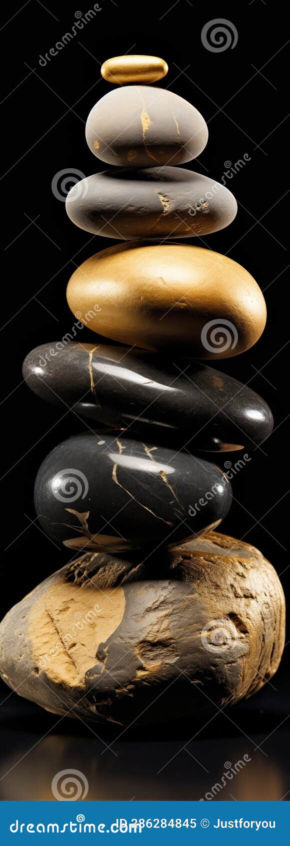 Stack Of Impossibly High Polished Black And Gold Zen Rocks On Black ...