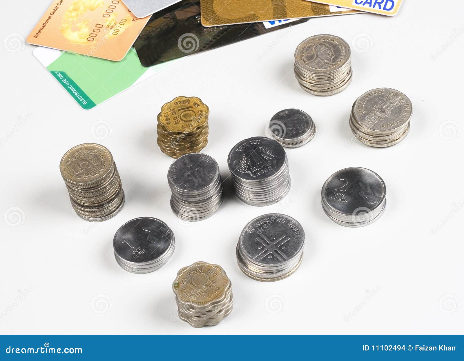 Stack of Indian Coins with Credit Cards on White Stock Photo - Image of ...
