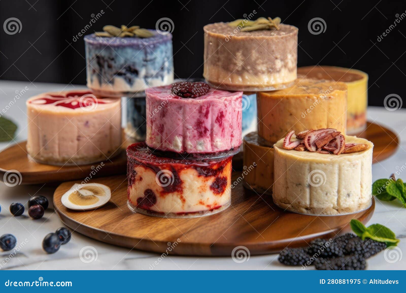 Stack of Individual Cheesecakes, Each with Different Flavor and Design ...