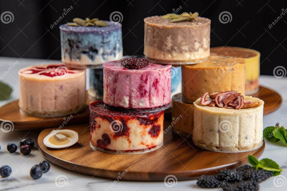 Stack of Individual Cheesecakes, Each with Different Flavor and Design ...