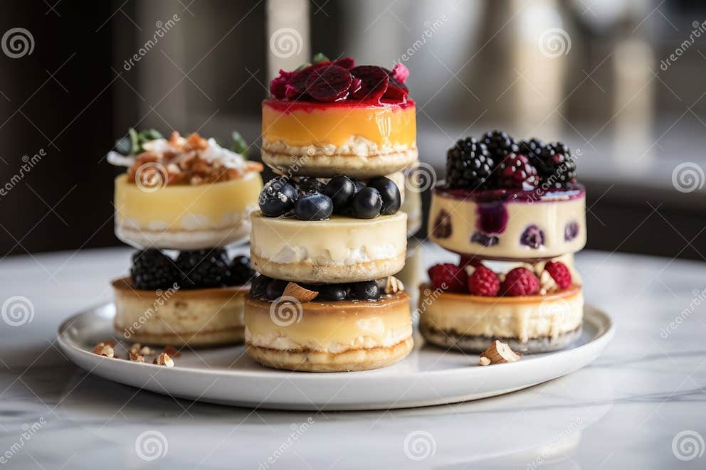 Stack of Individual Cheesecakes, Each Topped with Different Fruit Stock ...