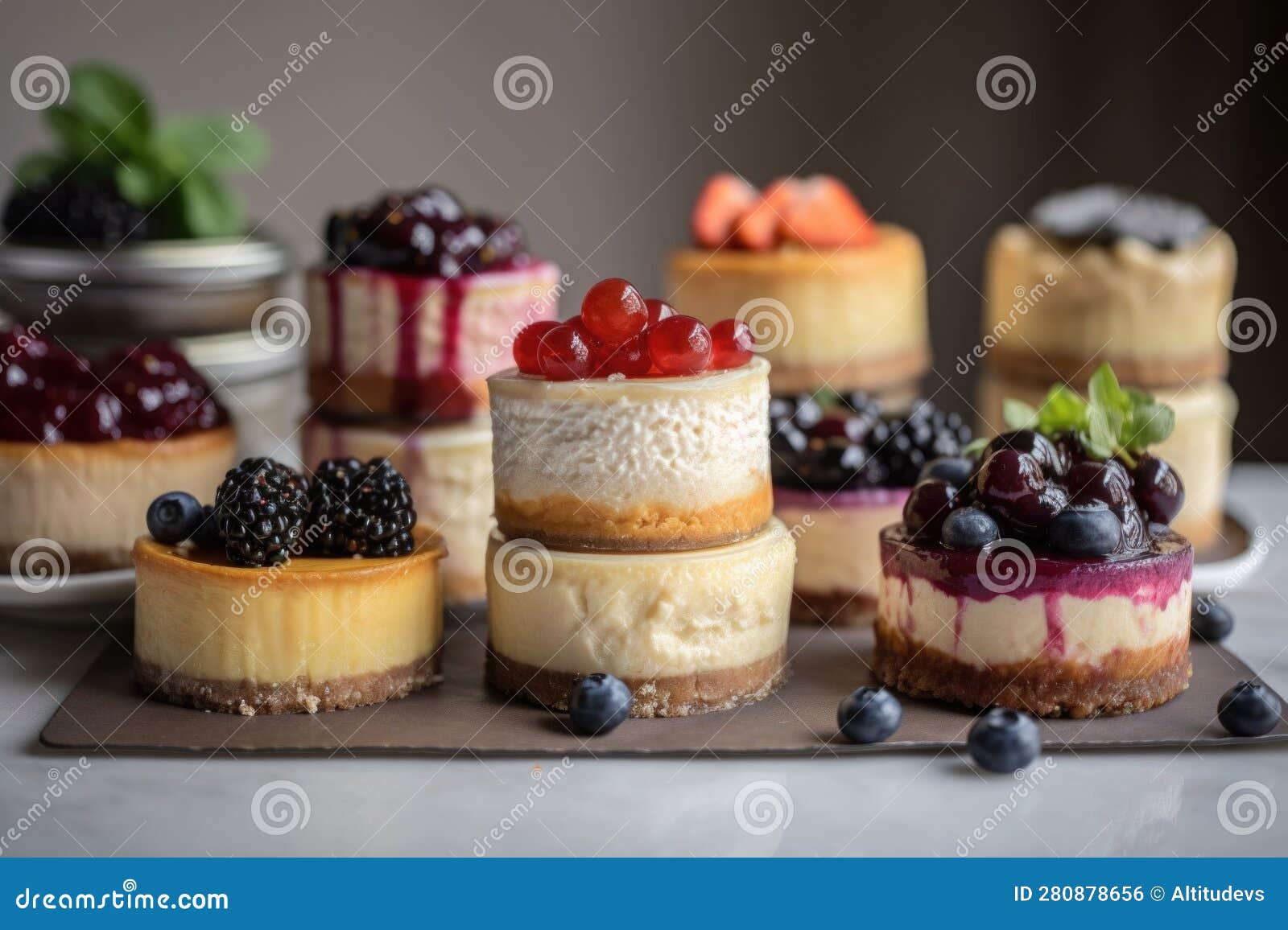 Stack of Individual Cheesecakes, Each Topped with Different Fruit Stock ...