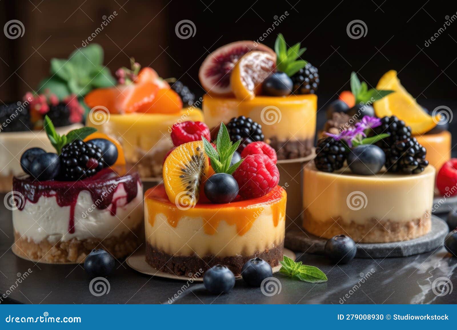 Stack of Individual Cheesecakes, Each Topped with Different Fruit Stock ...