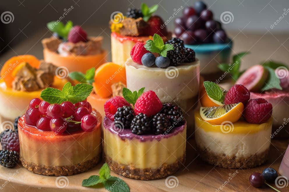 Stack of Individual Cheesecakes, Each Topped with Different Fruit Stock ...