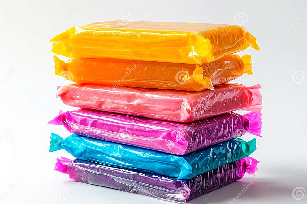 A Stack of Individually Wrapped Bubble Gum Pieces, Variety of Bright ...