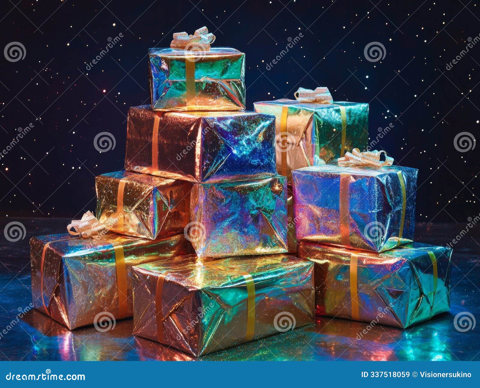 Stack of Iridescent Gift Boxes Against a Dark Starry Background Stock ...