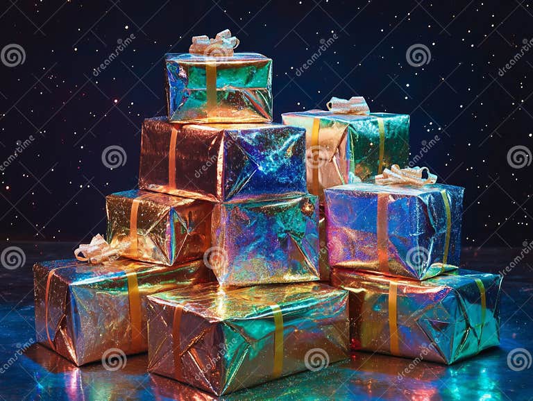 Stack of Iridescent Gift Boxes Against a Dark Starry Background Stock ...