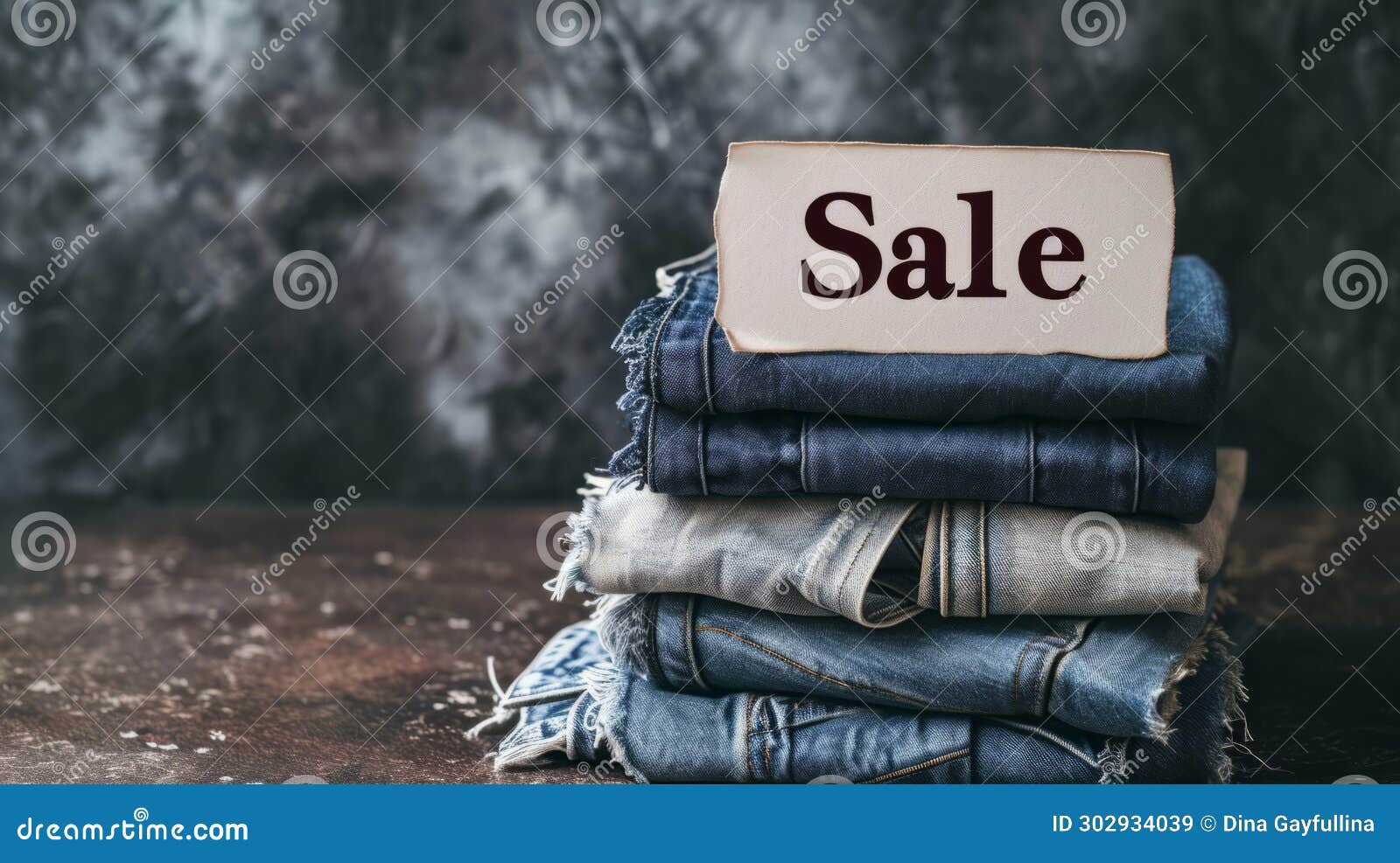 Stack of Jeans with Sale Sign on Dark Background. Sale Concept Stock ...