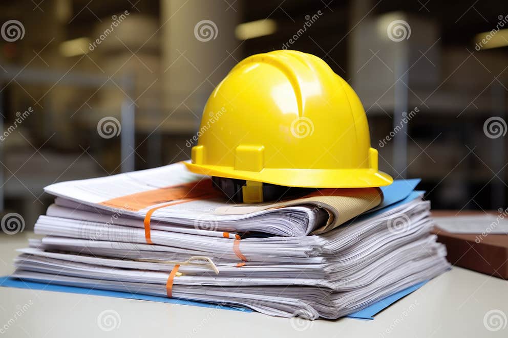 Stack of Liability Forms Near a Workplace Safety Poster Stock ...