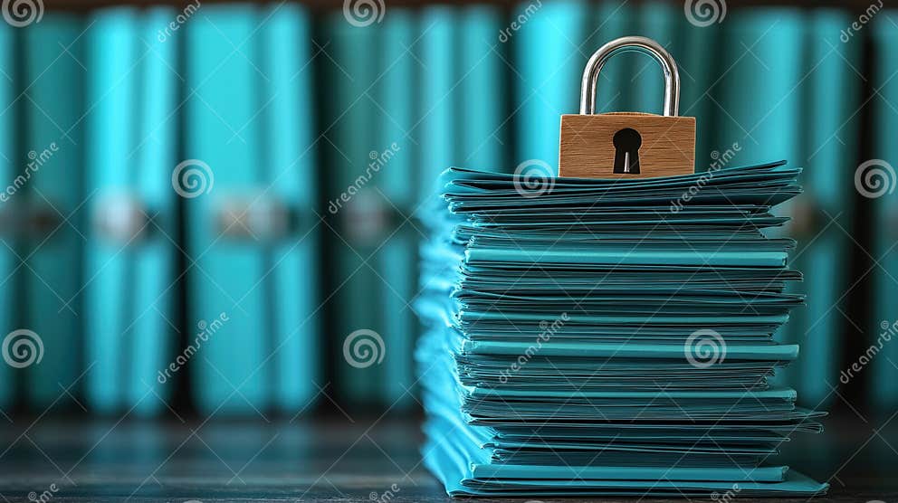 Stack of Light Teal Folders Secured with Wooden Lock Data Privacy ...
