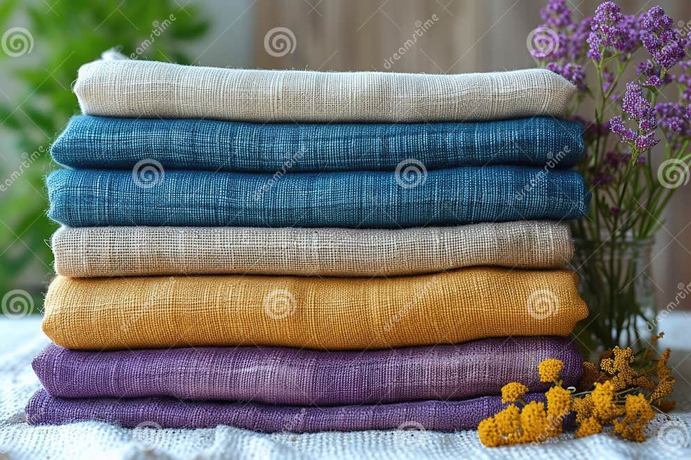 Stack of Linen Fabric in Various Colors. Close-up of Textiles with a ...