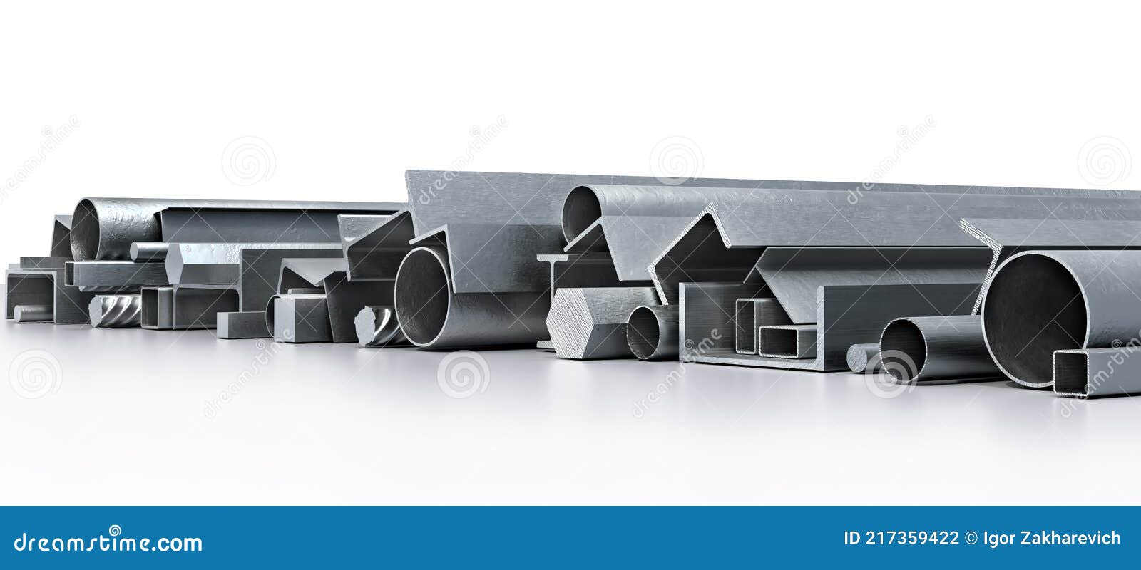 Stack of Long Metal Profiles and Shapes on a White Reflective Floor ...