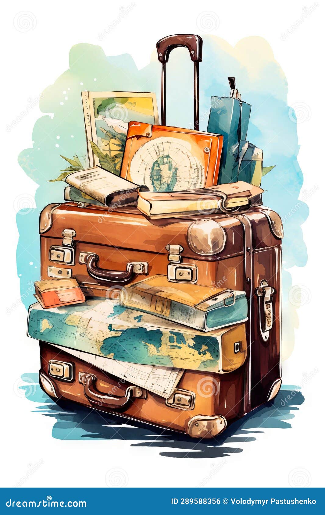 Stack of Luggage with Map and Other Items on Top. Generative AI Stock ...