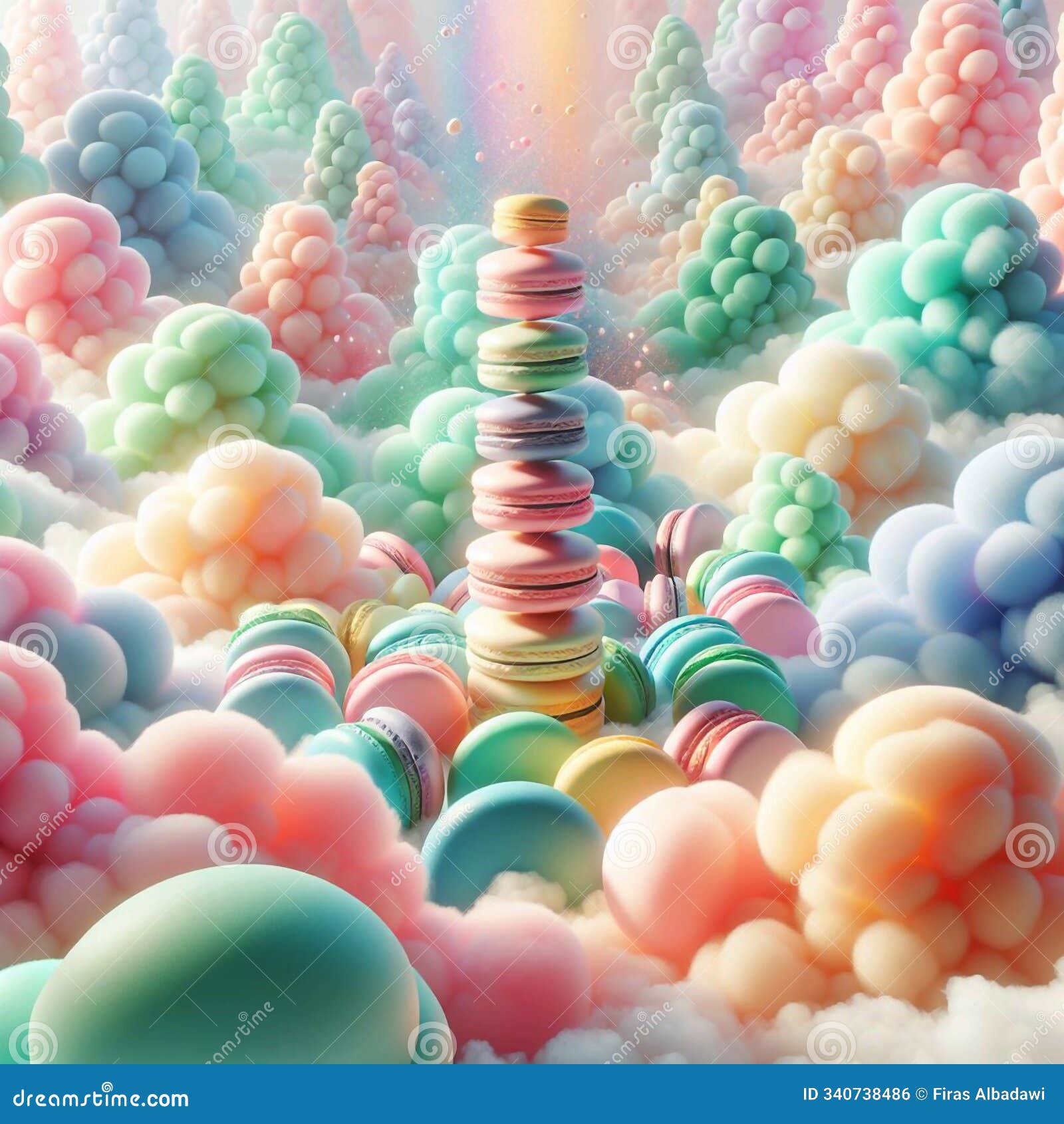A Stack of Macarons Rests in a Fantasy Landscape with a Rainbow and ...