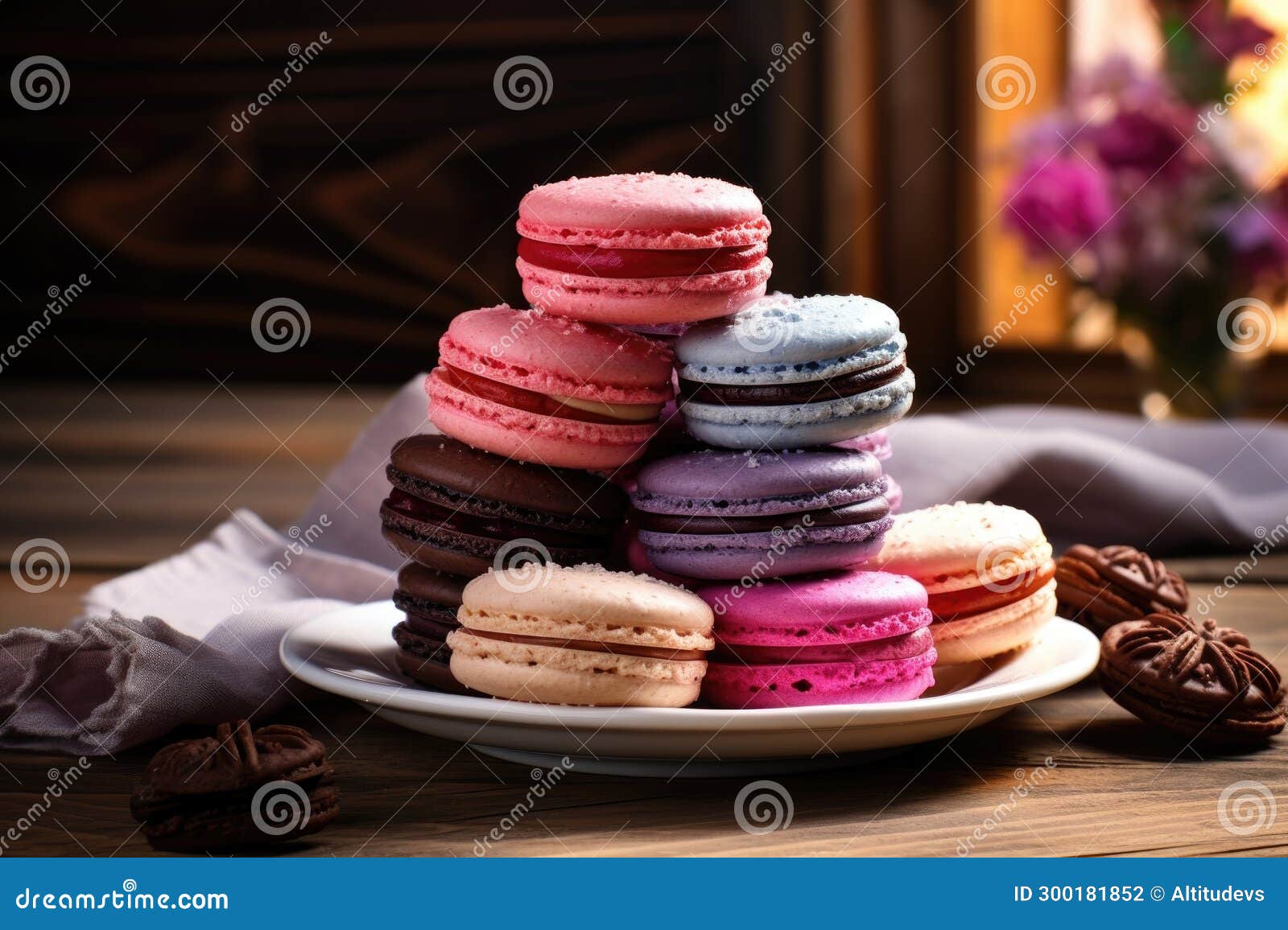 Stack of Macarons in Various Colors on a Rustic Wooden Table Stock ...