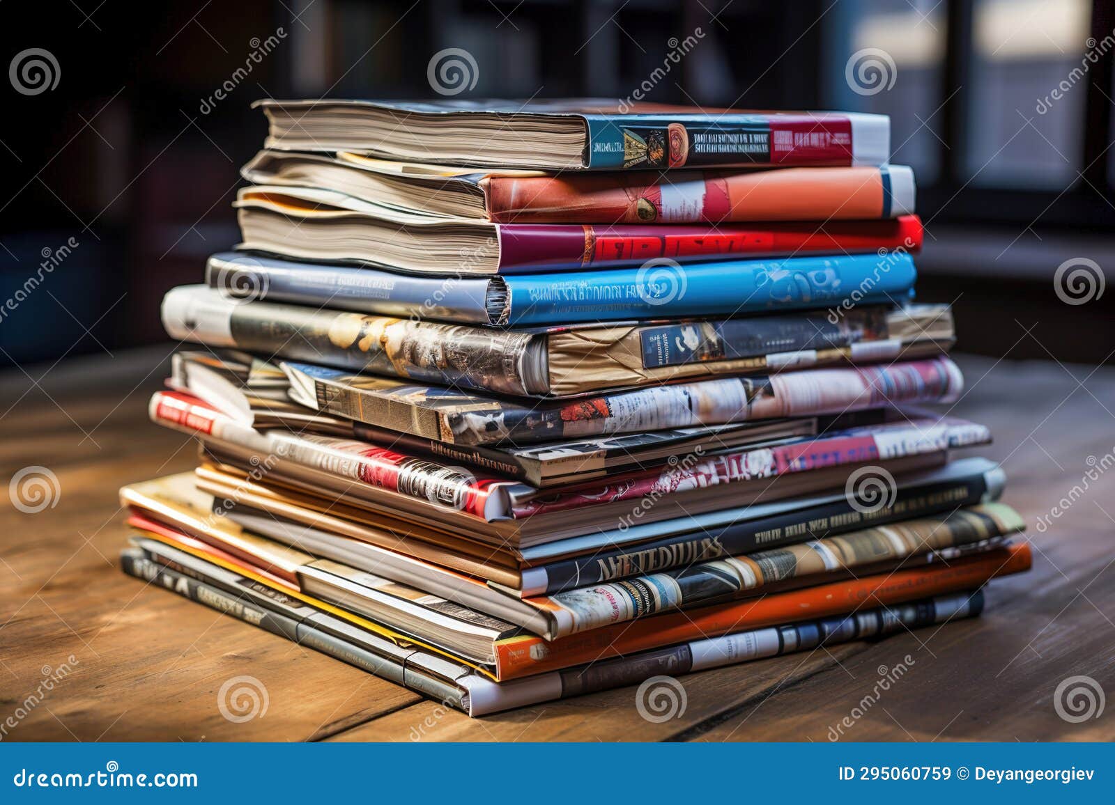 A Stack of Magazines Sitting on Top of a Wooden Table Stock Image ...