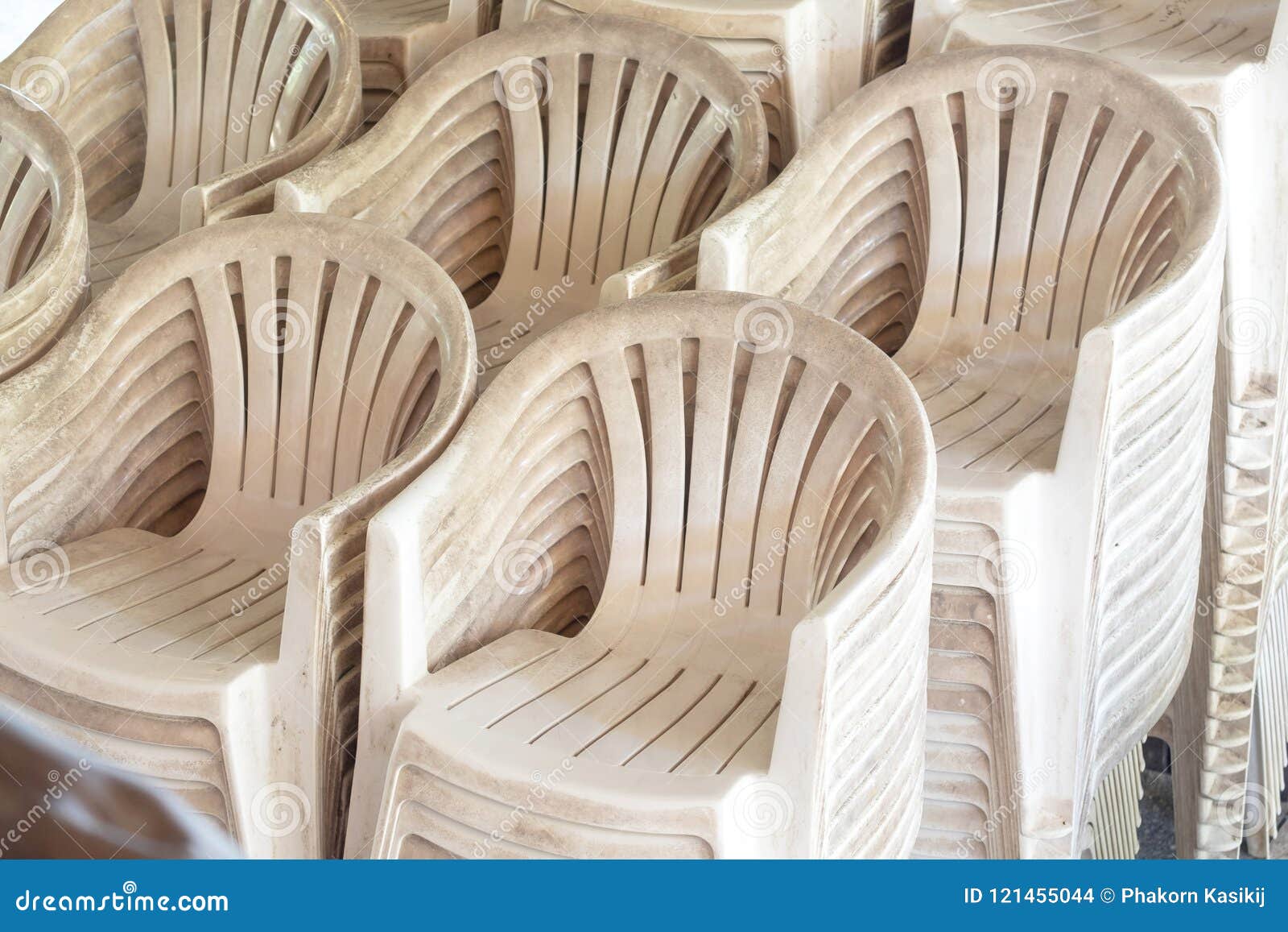 Stack of Many White and Old Plastic Chairs Outdoor Stock Photo - Image ...