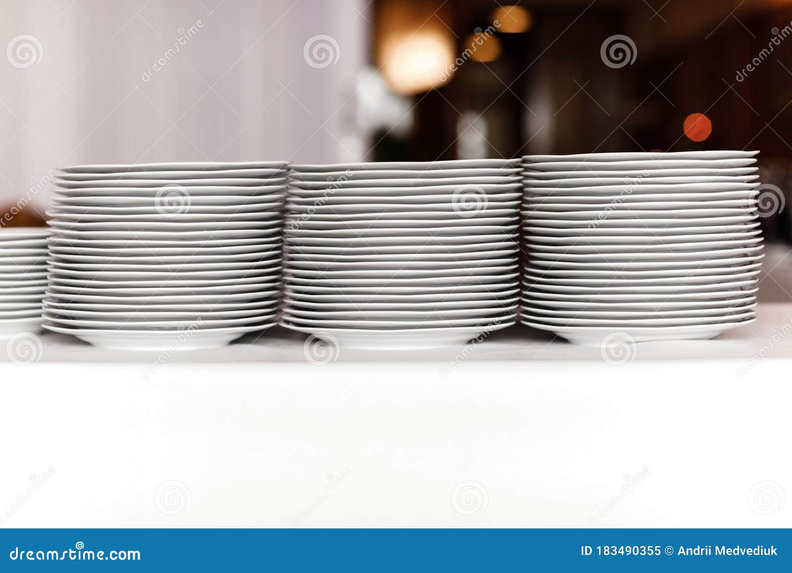 Stack of Many White Plates on the Table To Prepare for Catering Buffet ...