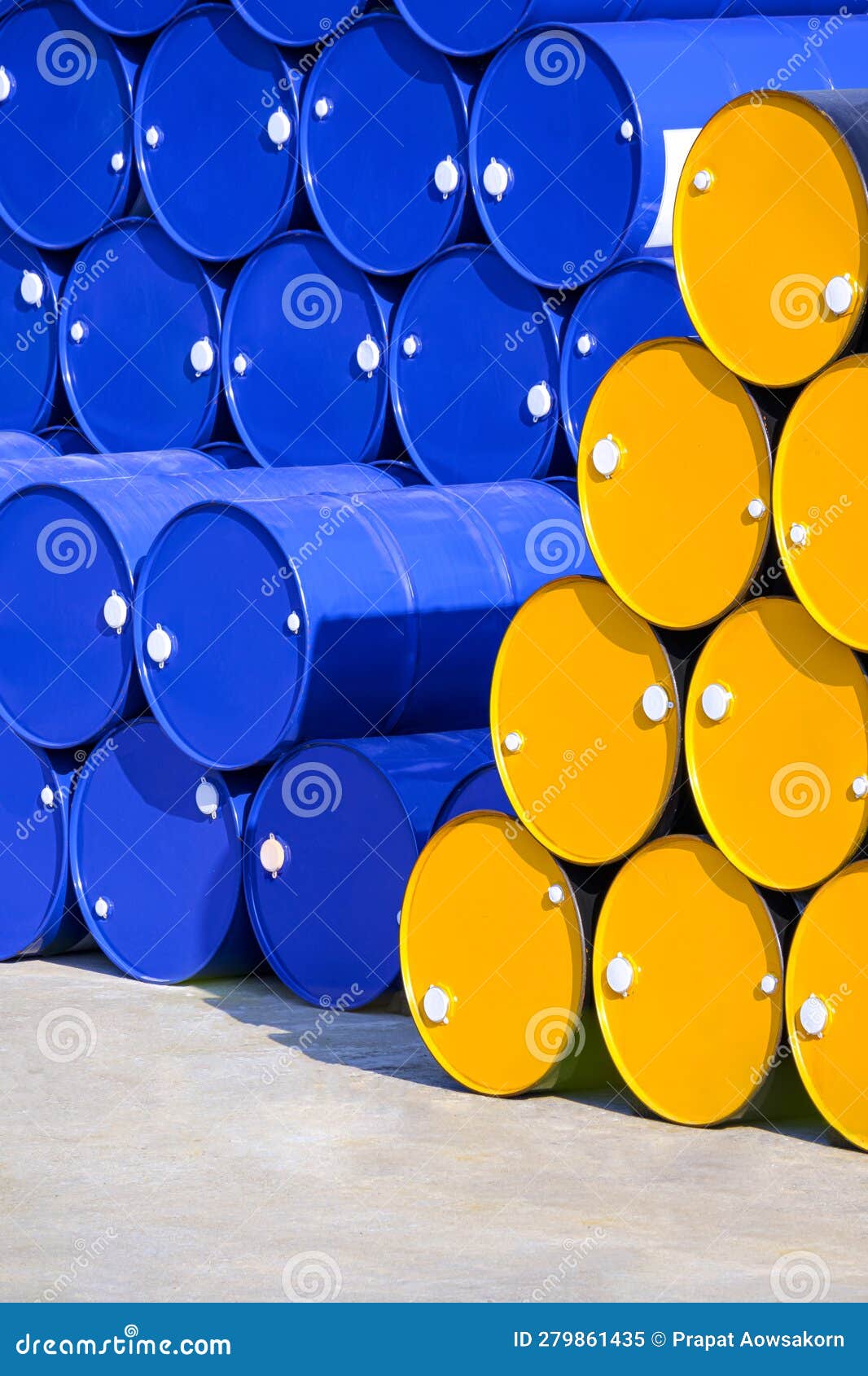 Stack of Many Yellow and Blue 200 Liter Oil Drums in Industrial Yard ...
