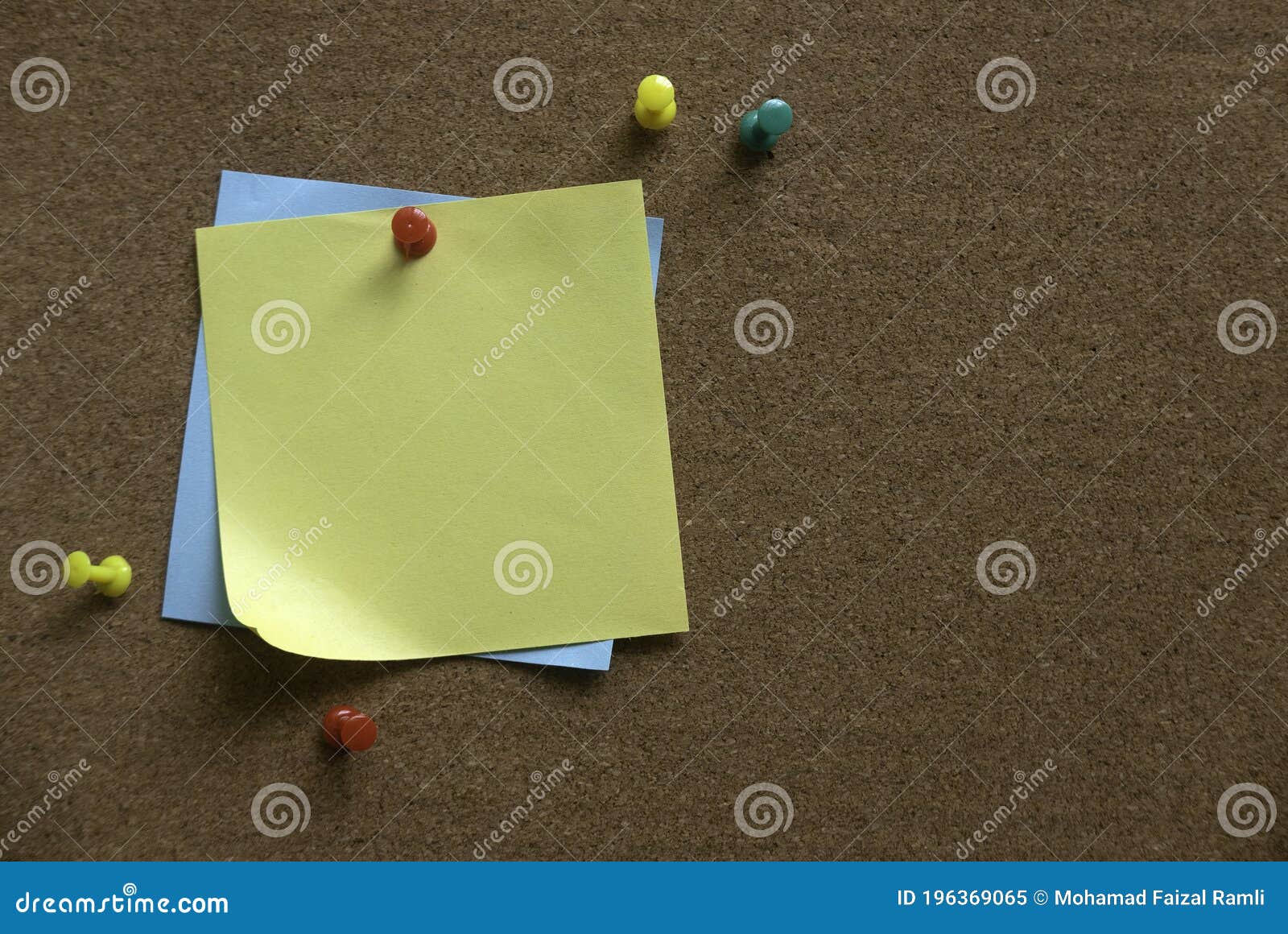 A Stack of Memo Notes with Colorful Push Pin on Notice Cork Board. Copy ...