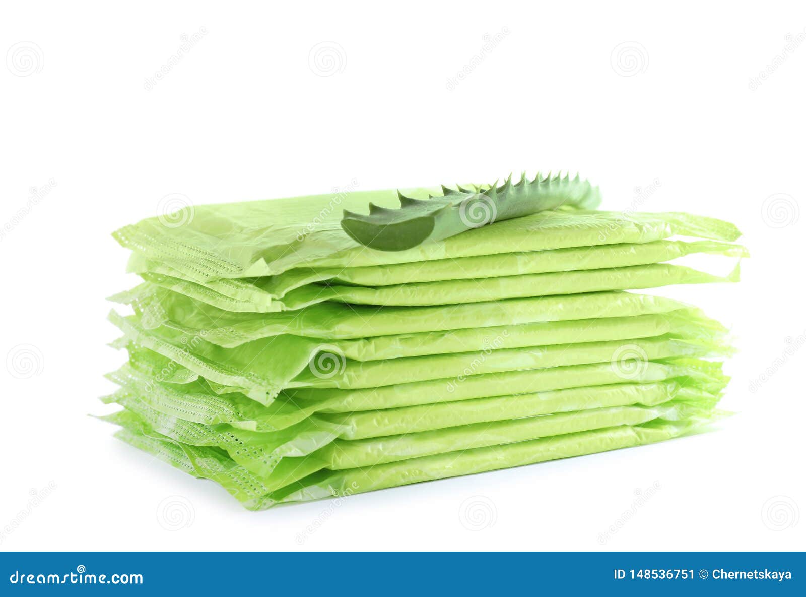 Stack of Menstrual Pads and Aloe Leaf on White Background. Stock Image ...
