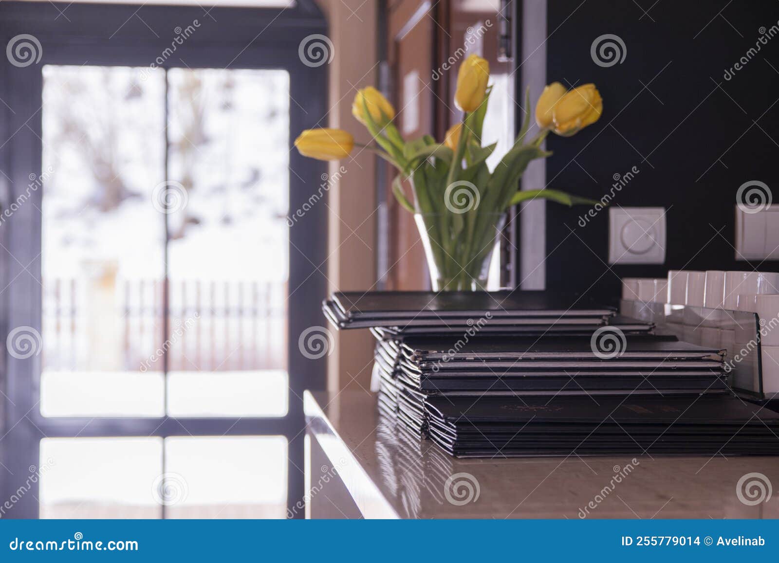 Stack of Menus Lying on Table at a Coffee Shop on a Winter Day. Stock ...