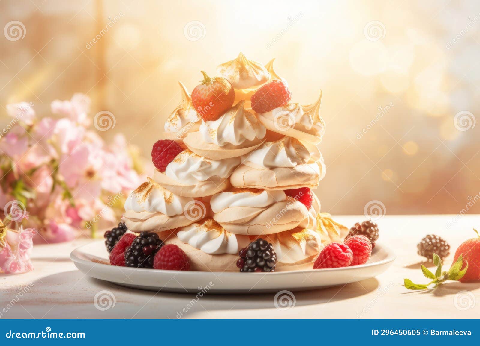 Stack of Meringues Topped with Berries Ready on Sunny Light Background ...