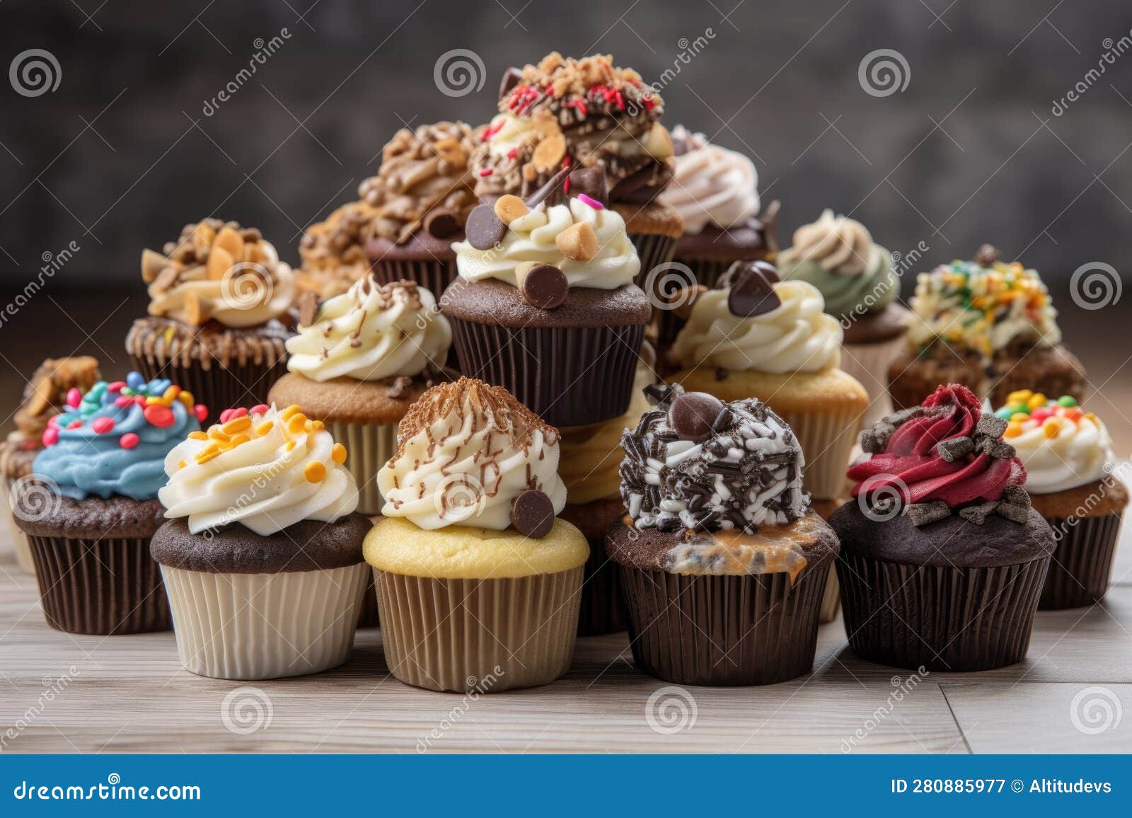Stack of Mini Cupcakes in Assorted Flavors and Designs Stock ...