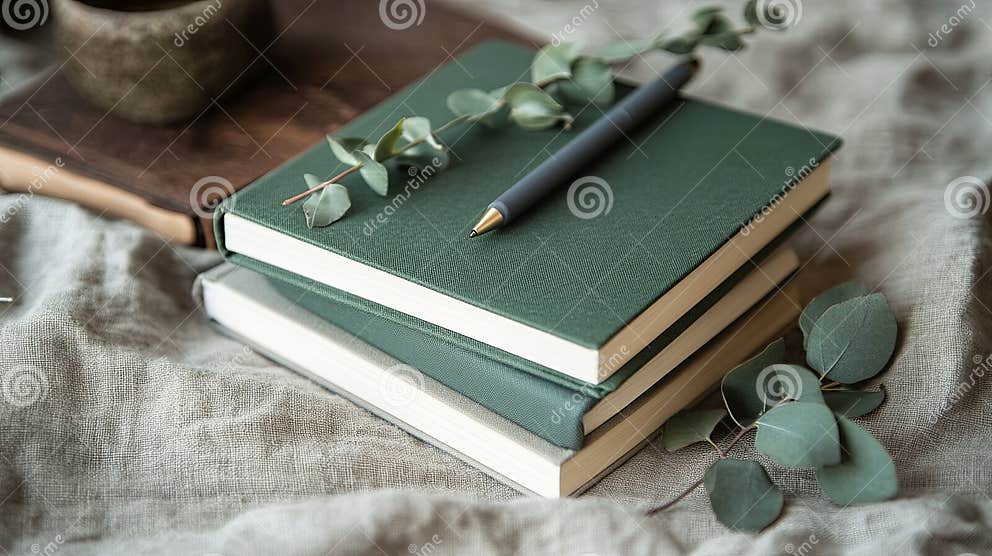A Stack of Minimalist Notebooks with a Pen and a Sprig of Eucalyptus ...