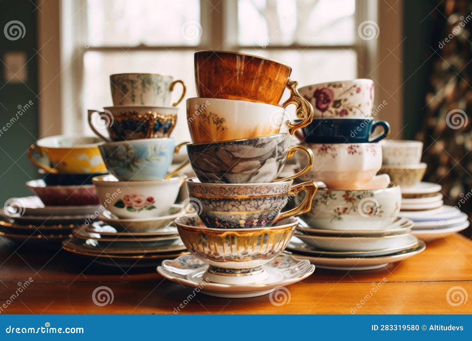Stack of Mismatched Teacups on a Table Stock Illustration ...