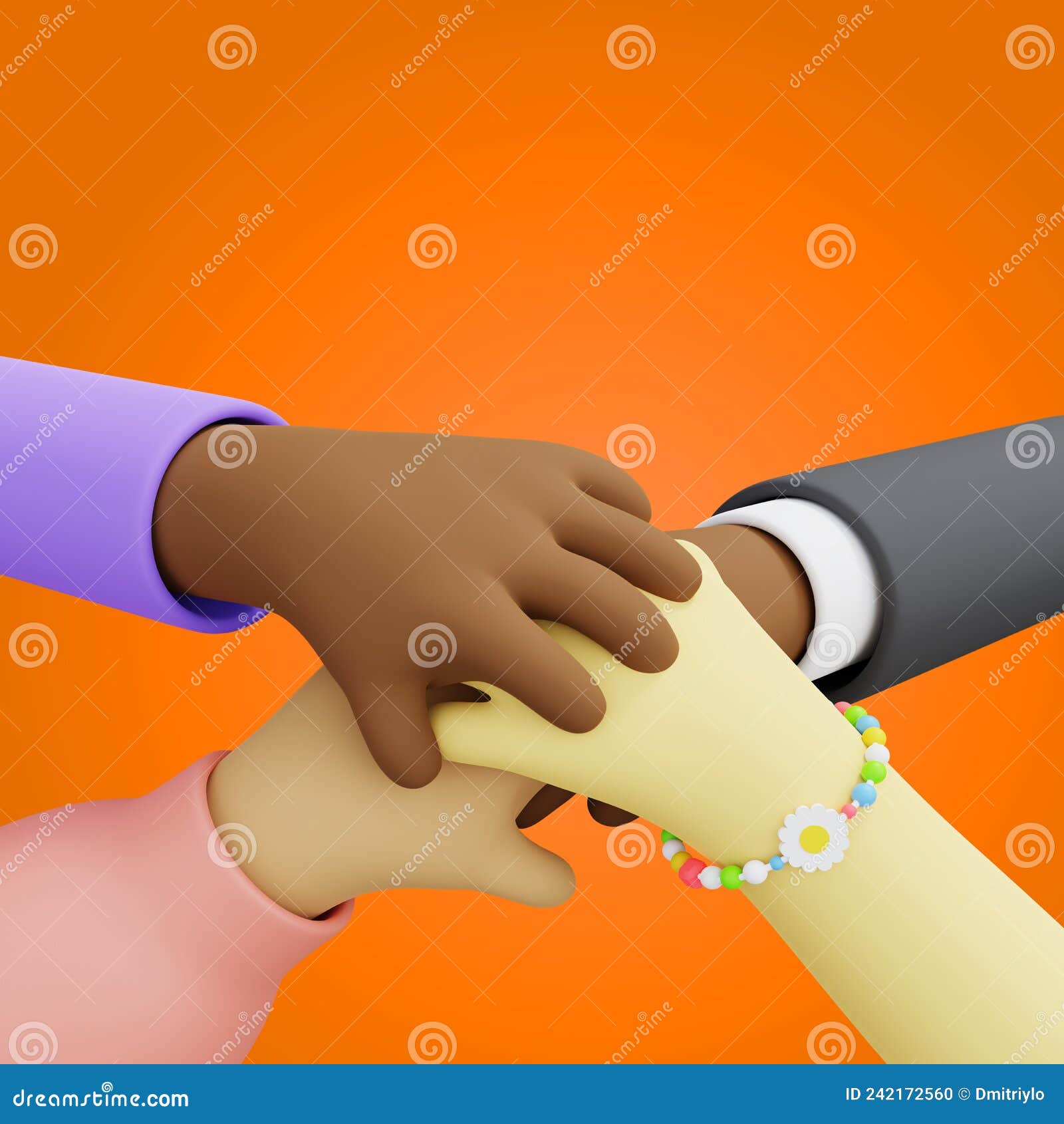 Stack of Mixed Race Hands. Unity and Teamwork Concept. 3D Rendered ...