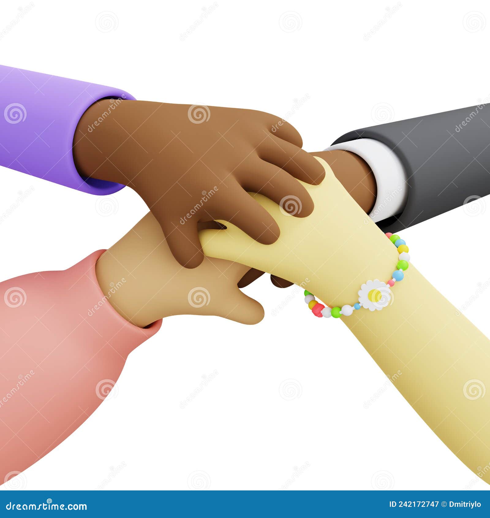 Stack of Mixed Race Hands. Unity and Teamwork Concept. 3D Rendered ...