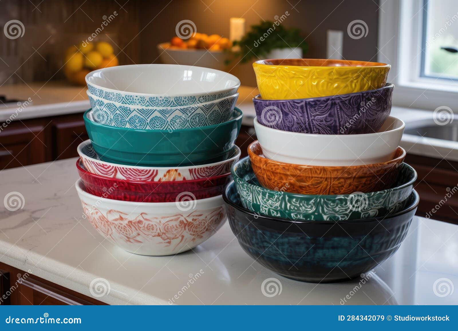 Stack of Mixing Bowls, Each with Different Color and Pattern Stock ...