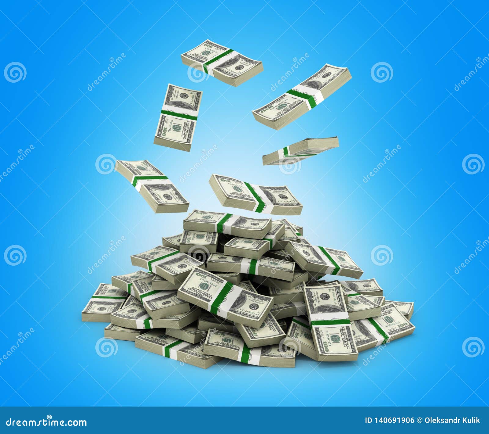 Stack of Money American Dollar Bills Falling into a Pile on Blue ...