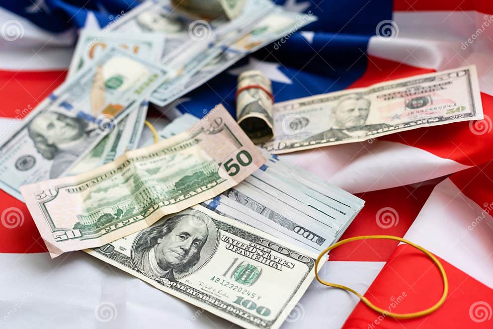 Stack of Money on American Flag. Dollars. Stock Photo - Image of wealth ...