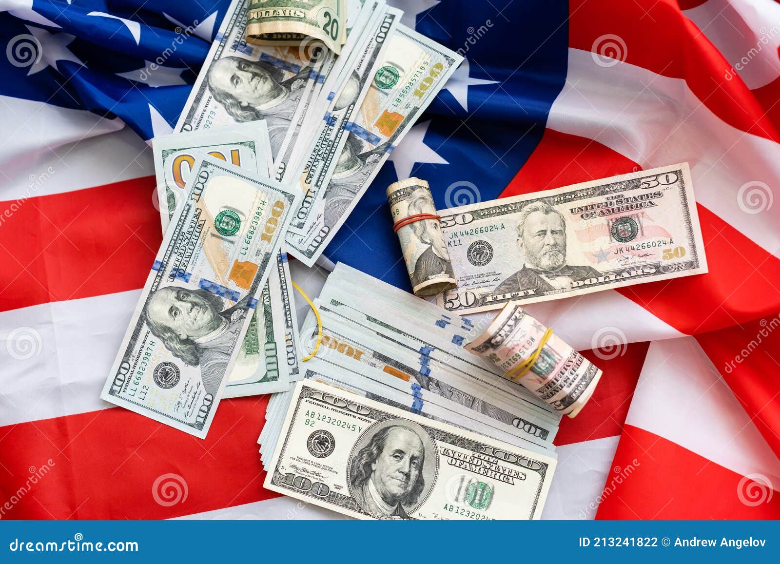 Stack of Money on American Flag. Dollars. Stock Photo - Image of ...