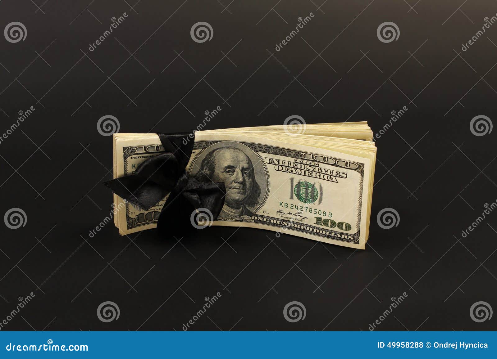 Stack of Money American Hundred Dollar Bills with Black Bow on Black ...